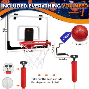 Pro Indoor Mini Basketball Hoop Set for Kids Adults, Wall Mount Automatic Scoring Basketball Hoop with 4 Rubber 6" Balls, Over The Door Basketball Hoops with Electronic Scoreboard Large Dunk Rim