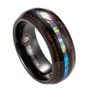 8mm tungsten carbide hawaiian koa wood tree and abalone shell inlay mauka to makai comfort fit ring engagement wedding band dome style weighted high polished with gift box (black tungsten koa wood and abalone shell, 12.5)