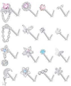 tornito 16pcs dangle nose rings stud l shaped cubic zirconia butterfly heart star moon flower crown assorted shape stainless steel nostril piercing jewelry for women men 20g silver tone