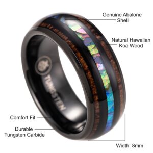 8mm Tungsten Carbide Hawaiian Koa Wood Tree and Abalone Shell Inlay Mauka to Makai Comfort Fit Ring Engagement Wedding Band Dome Style Weighted High Polished with Gift Box (Black Tungsten Koa Wood and Abalone Shell, 12.5)