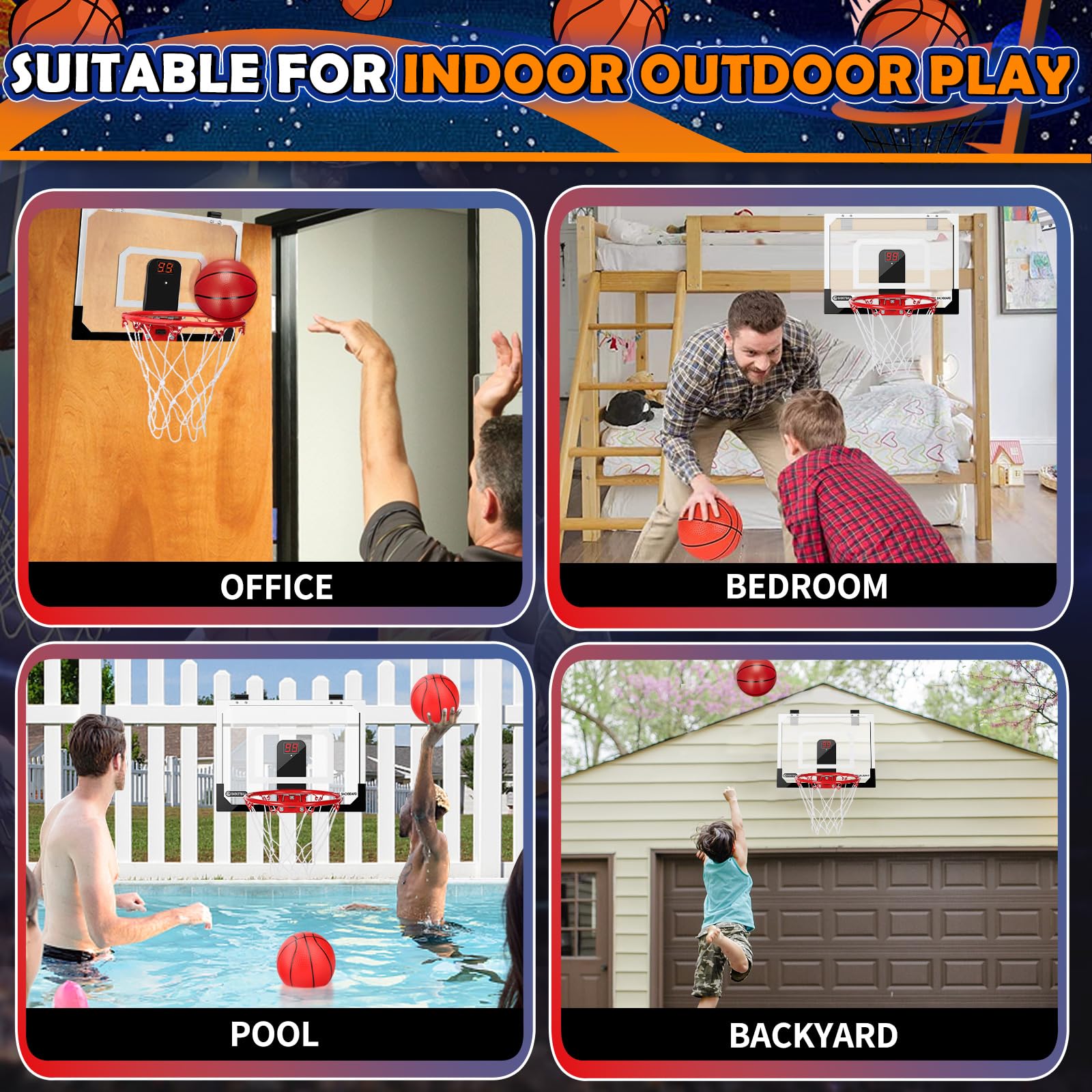 Pro Indoor Mini Basketball Hoop Set for Kids Adults, Wall Mount Automatic Scoring Basketball Hoop with 4 Rubber 6" Balls, Over The Door Basketball Hoops with Electronic Scoreboard Large Dunk Rim