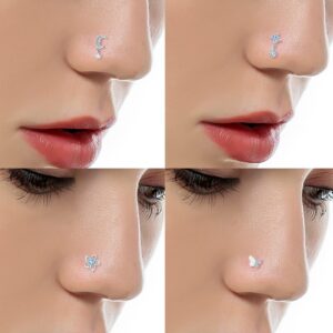 Tornito 16Pcs Dangle Nose Rings Stud L Shaped Cubic Zirconia Butterfly Heart Star Moon Flower Crown Assorted Shape Stainless Steel Nostril Piercing Jewelry for Women Men 20G Silver Tone