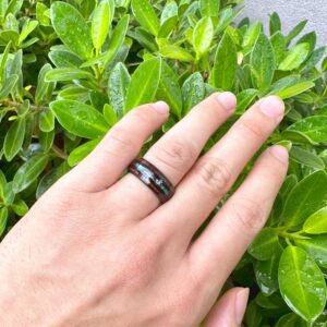 8mm Tungsten Carbide Hawaiian Koa Wood Tree and Abalone Shell Inlay Mauka to Makai Comfort Fit Ring Engagement Wedding Band Dome Style Weighted High Polished with Gift Box (Black Tungsten Koa Wood and Abalone Shell, 12.5)