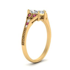 Jewelryonclick Split Band Antique Engagement Ring Yellow Gold Plated Created Pink Sapphire Marquise Shape Pink Color Side Stone Engagement Rings Pave Setting in Size 13.5 Birthstone