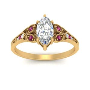 Jewelryonclick Split Band Antique Engagement Ring Yellow Gold Plated Created Pink Sapphire Marquise Shape Pink Color Side Stone Engagement Rings Pave Setting in Size 13.5 Birthstone