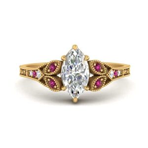 jewelryonclick split band antique engagement ring yellow gold plated created pink sapphire marquise shape pink color side stone engagement rings pave setting in size 13.5 birthstone