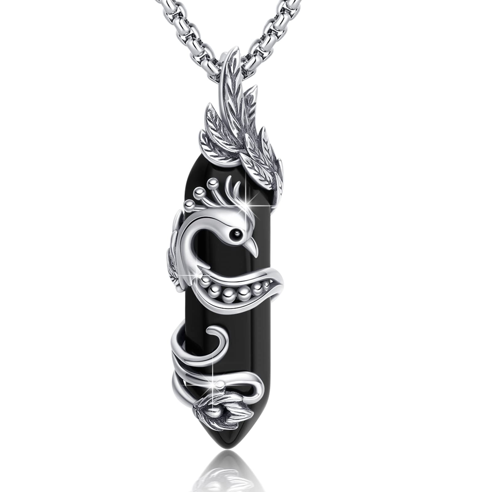 Phoenix Necklace Black Crystal Pendants Nirvana of Phoenix Pendant Fire Bird Phoenix Necklace I Survived Black Crystal Phoenix Jewelry Gift for Women Men 925 Sterling Silver