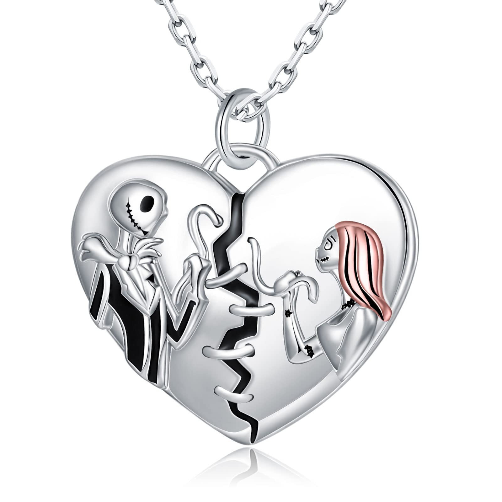 Nightmare Before Christmas Necklaces for Women - 925 Sterling Silver Jeulia Jack Skellington and Sally Heart Love Jewelry Gifts for Girlfriend Wife (Jack and Sally)