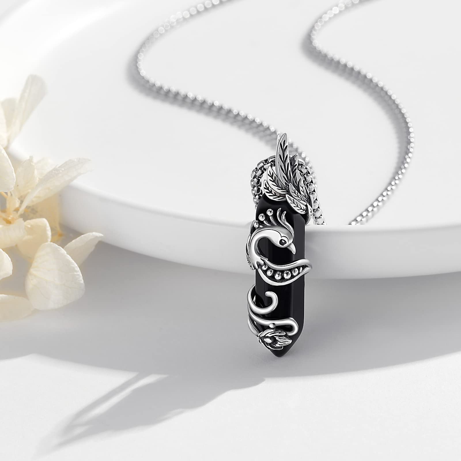 Phoenix Necklace Black Crystal Pendants Nirvana of Phoenix Pendant Fire Bird Phoenix Necklace I Survived Black Crystal Phoenix Jewelry Gift for Women Men 925 Sterling Silver