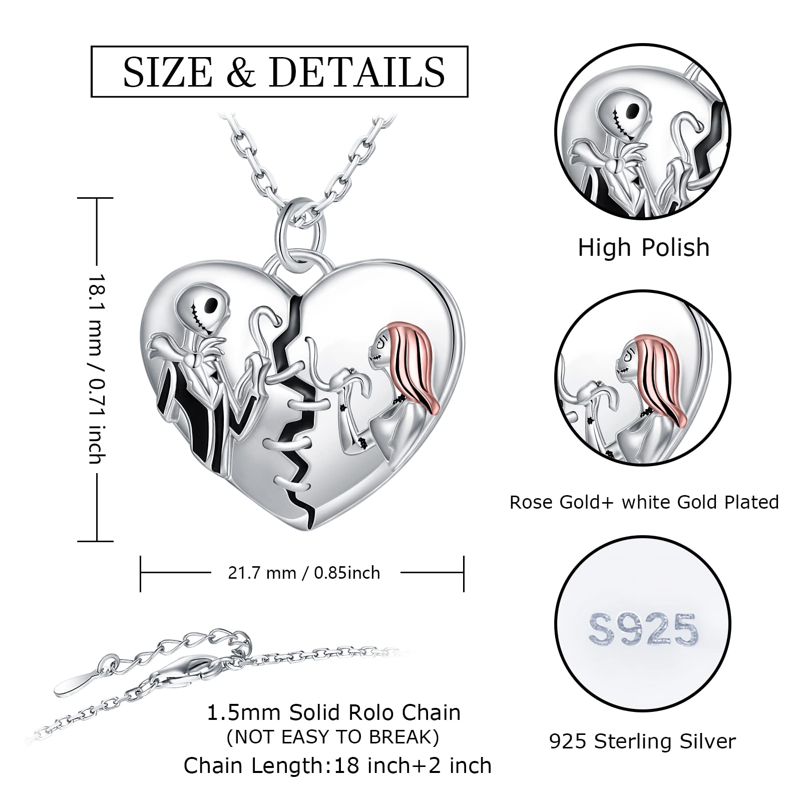 Nightmare Before Christmas Necklaces for Women - 925 Sterling Silver Jeulia Jack Skellington and Sally Heart Love Jewelry Gifts for Girlfriend Wife (Jack and Sally)