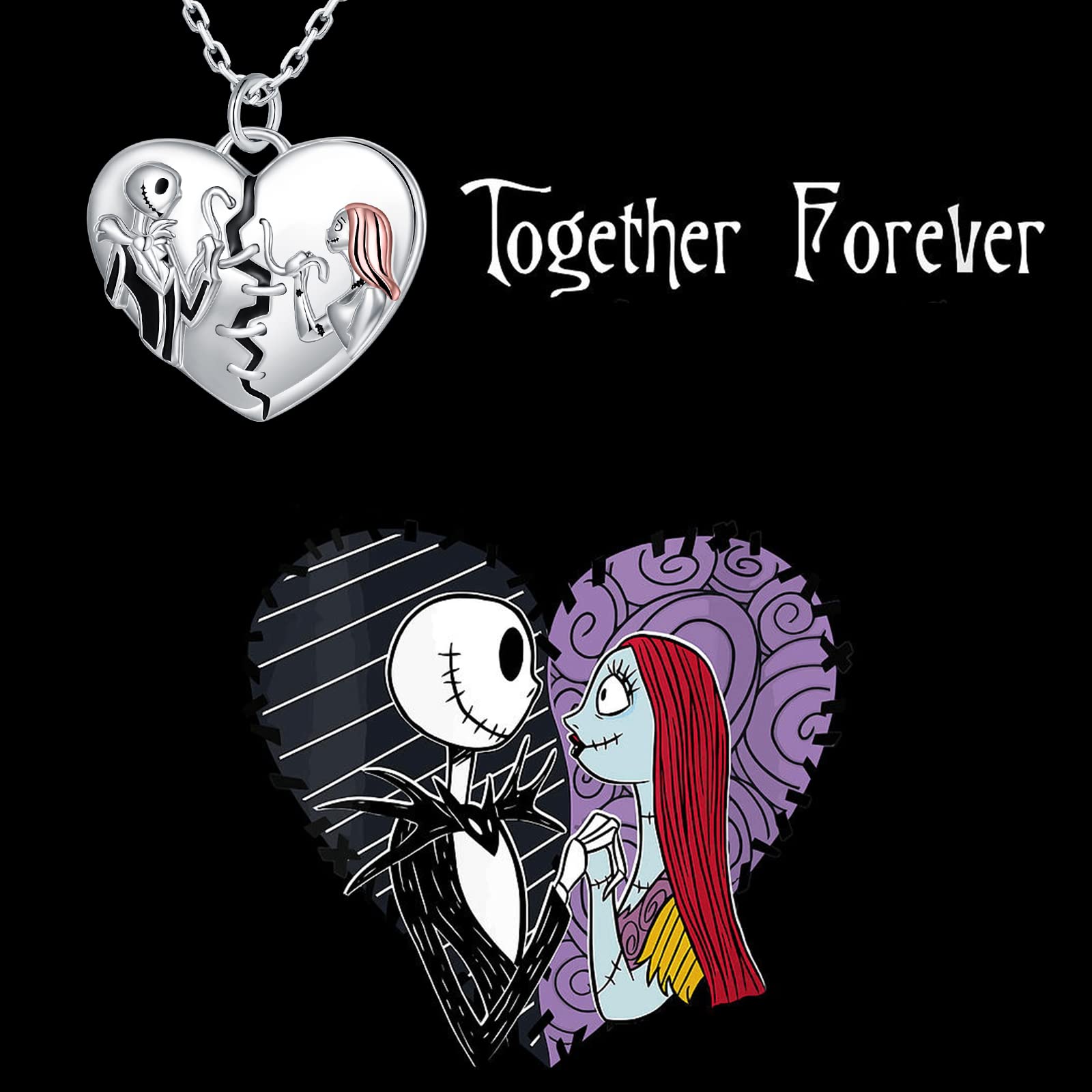 Nightmare Before Christmas Necklaces for Women - 925 Sterling Silver Jeulia Jack Skellington and Sally Heart Love Jewelry Gifts for Girlfriend Wife (Jack and Sally)