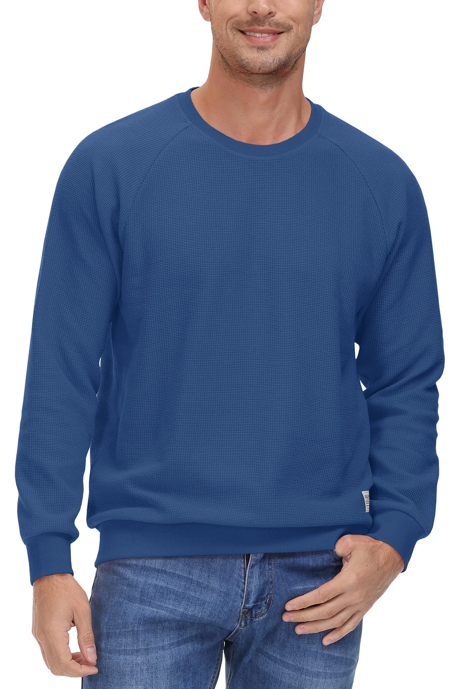 TACVASEN Mens Shirts Crew Neck Sweatshirt for Mens Fashion Pullover Cotton Long Sleeve Soft Lightweight Casual Waffle Knit Crewneck Sweatshirts Blue Grey 2XL