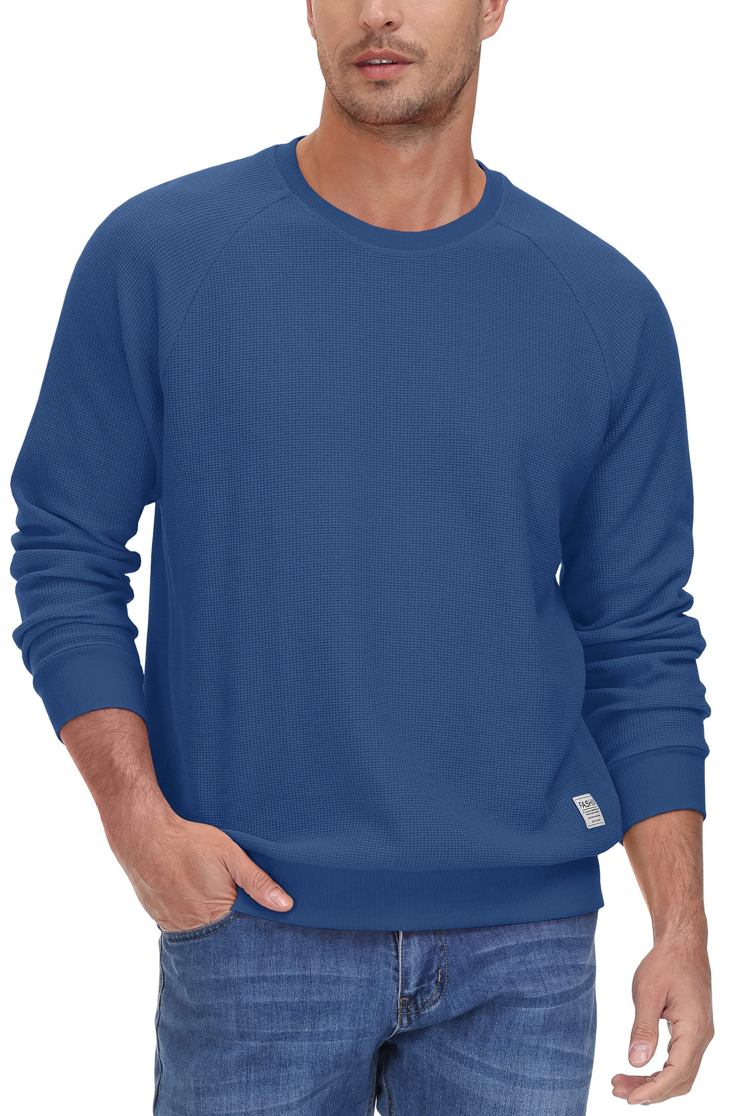 TACVASEN Mens Shirts Crew Neck Sweatshirt for Mens Fashion Pullover Cotton Long Sleeve Soft Lightweight Casual Waffle Knit Crewneck Sweatshirts Blue Grey 2XL