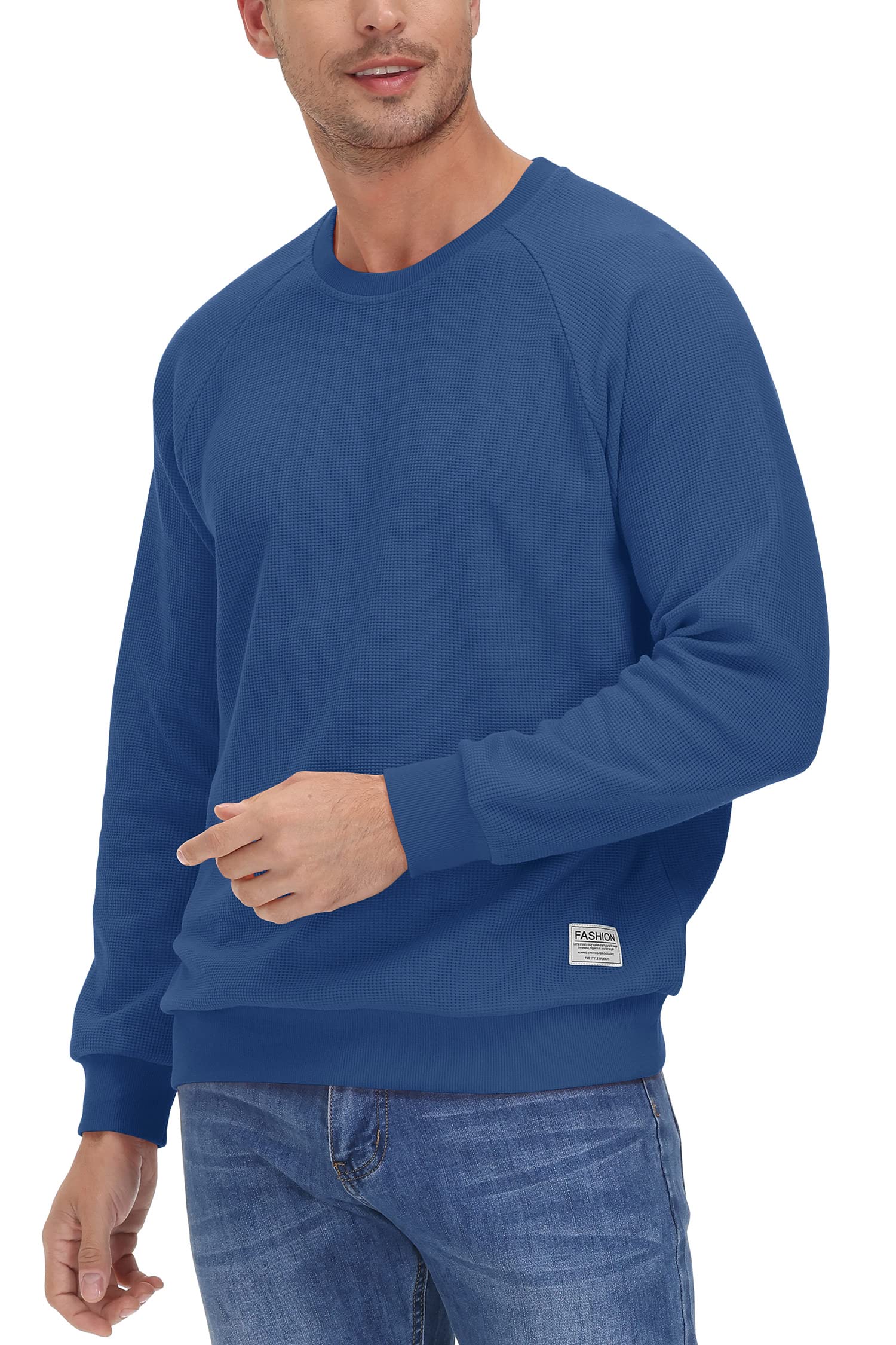 TACVASEN Mens Shirts Crew Neck Sweatshirt for Mens Fashion Pullover Cotton Long Sleeve Soft Lightweight Casual Waffle Knit Crewneck Sweatshirts Blue Grey 2XL