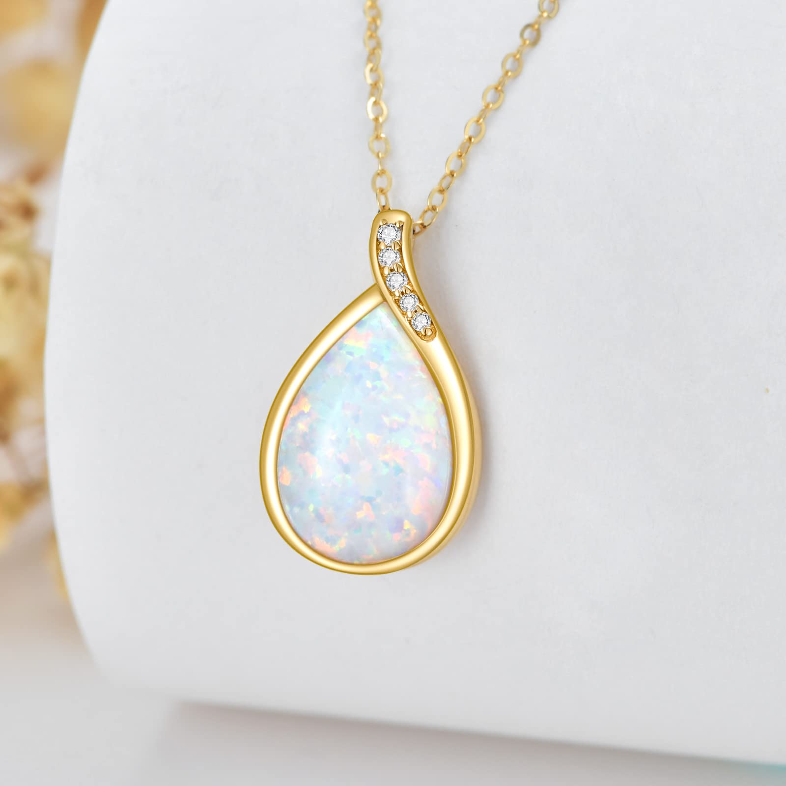 YDD 14k Solid Gold White Opal Necklace for Women Dainty Pear-Shape Teardrop Pendant Opal with Genuine Diamond Necklace Opal Gemstone October Birthstone Opal Jewelry Gifts for Her 16"-18"