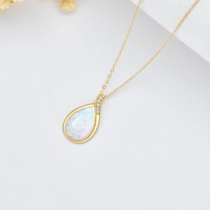 YDD 14k Solid Gold White Opal Necklace for Women Dainty Pear-Shape Teardrop Pendant Opal with Genuine Diamond Necklace Opal Gemstone October Birthstone Opal Jewelry Gifts for Her 16"-18"