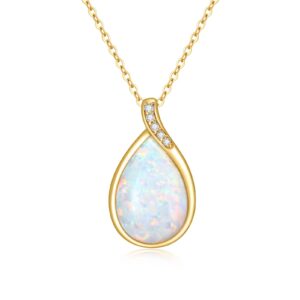 ydd 14k solid gold white opal necklace for women dainty pear-shape teardrop pendant opal with genuine diamond necklace opal gemstone october birthstone opal jewelry gifts for her 16"-18"