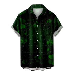 mens st. patrick's day button down shirt short sleeve casual hawaiian shirt green shamrock printed aloha shirts tops