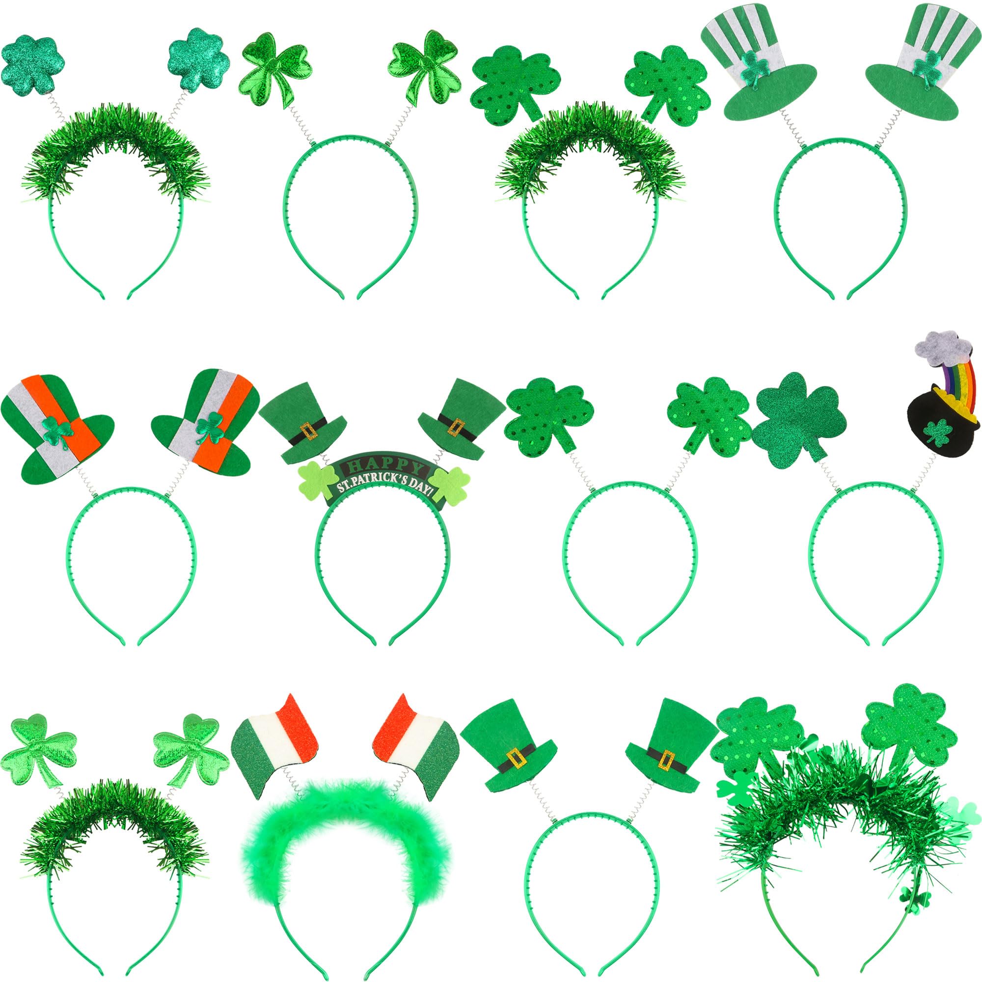 Fahacop 12 Pack St. Patricks Day Headband Green Clover Headbands Shamrock Hat Head Bopper for Saint Patrick Irish Day Party Headpieces