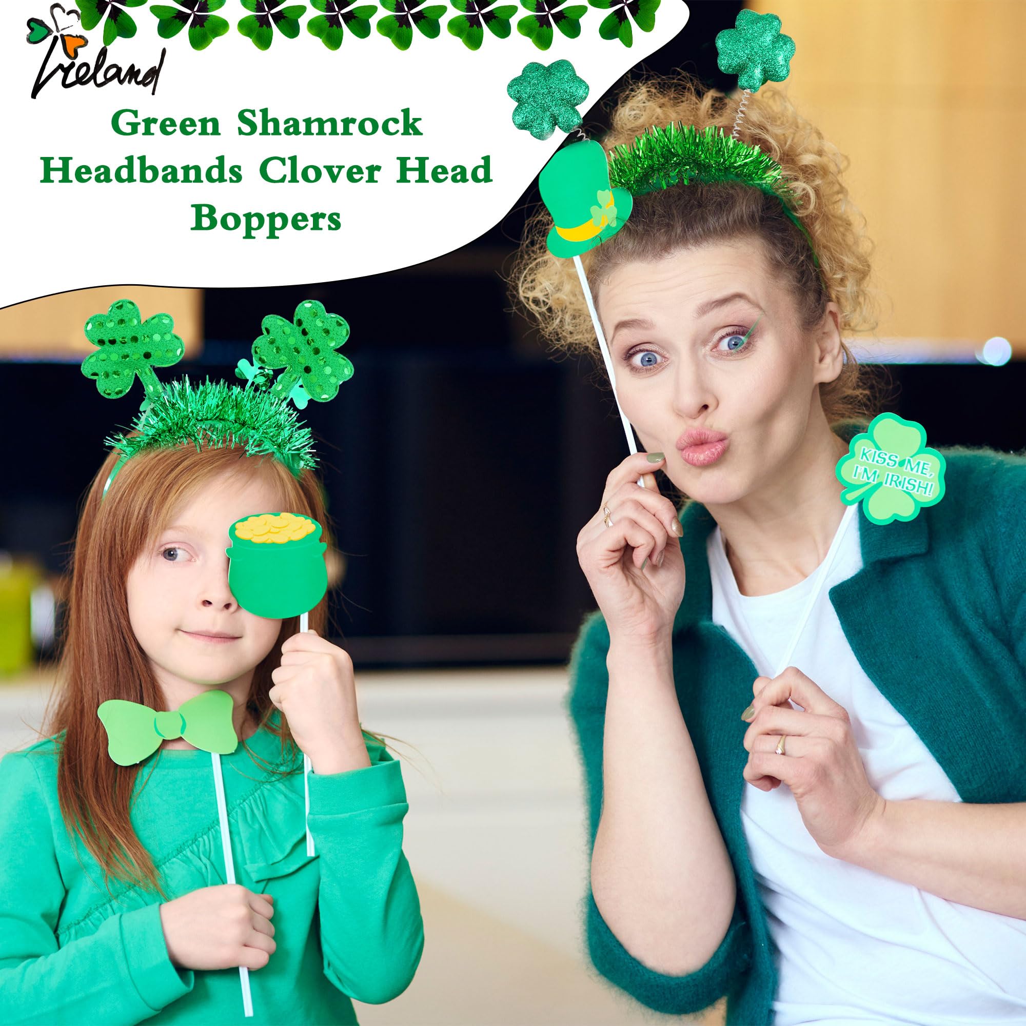 Fahacop 12 Pack St. Patricks Day Headband Green Clover Headbands Shamrock Hat Head Bopper for Saint Patrick Irish Day Party Headpieces