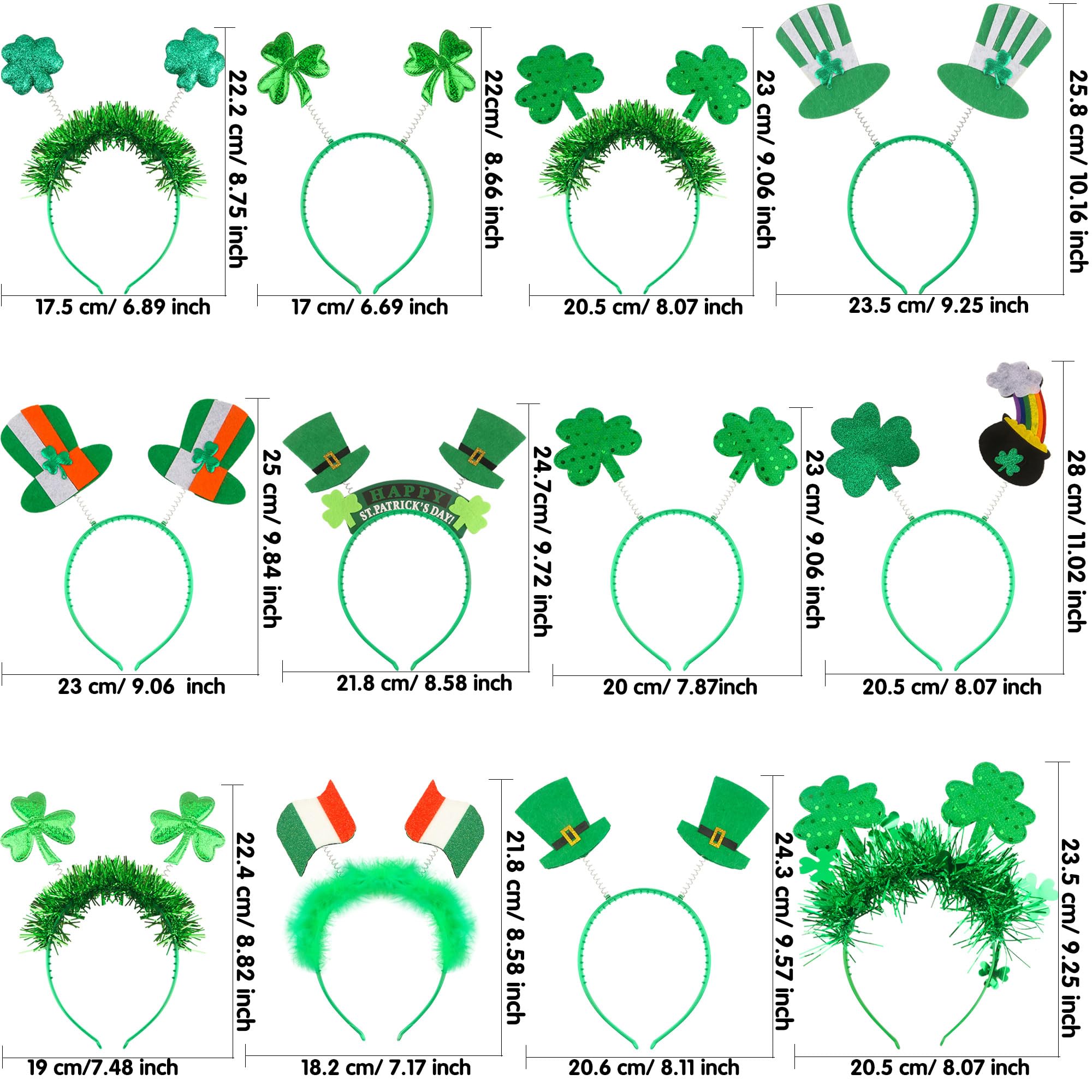 Fahacop 12 Pack St. Patricks Day Headband Green Clover Headbands Shamrock Hat Head Bopper for Saint Patrick Irish Day Party Headpieces