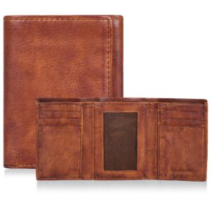 slim tan leather wallet tri fold | 1 id window | rfid blocking | minimalist and durable | thoughtful gift for men.