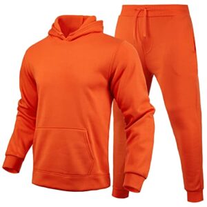 Unisex Fashion Hoodie Set 2022 Casual Solid Color Tracksuit 2 Pieces Athletic Long Sleeve Hooded Sweatshirt+Sweatpants Set(Orange,Large)