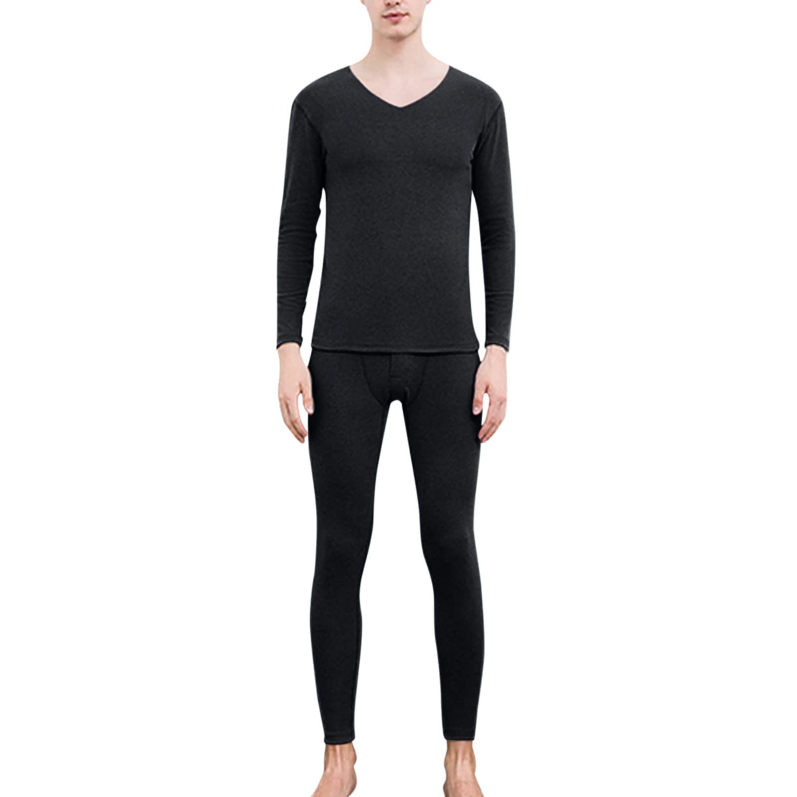 Mens Long Johns Set Winter Warm Soft Fleece Lined Long Johns Base Layer Long Johns Set Top and Bottom(Black,X-Large)