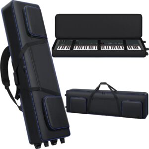 aleemin 88 key keyboard case with wheels (53"x14.5"x7") | 88 key keyboard rolling bag with 3-pocket | padded piano case keyboard gig-bag with handles & adjustable shoulder straps