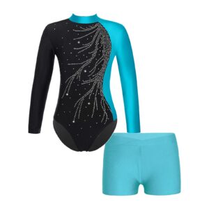 linjinx kids girls rhinestone long sleeve ballet dance gymnastics leotard set 2pcs unitard bodysuit with athletic short blue green a 10 years