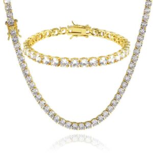 putouzip tennis chain necklace bracelet for men 18k gold plated 3/4/5mm round cut faux diamond link chains jewelry set (5mm gold tennis set, 18inch)