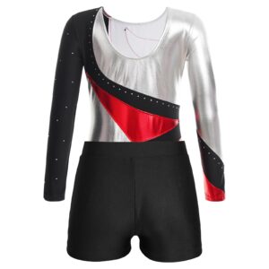 LiiYii Girls Tank Ballet Unitard Long Sleeve Camisole Gymnastics Leotards Dance Wear Biketards with Shorts Red 8 Years