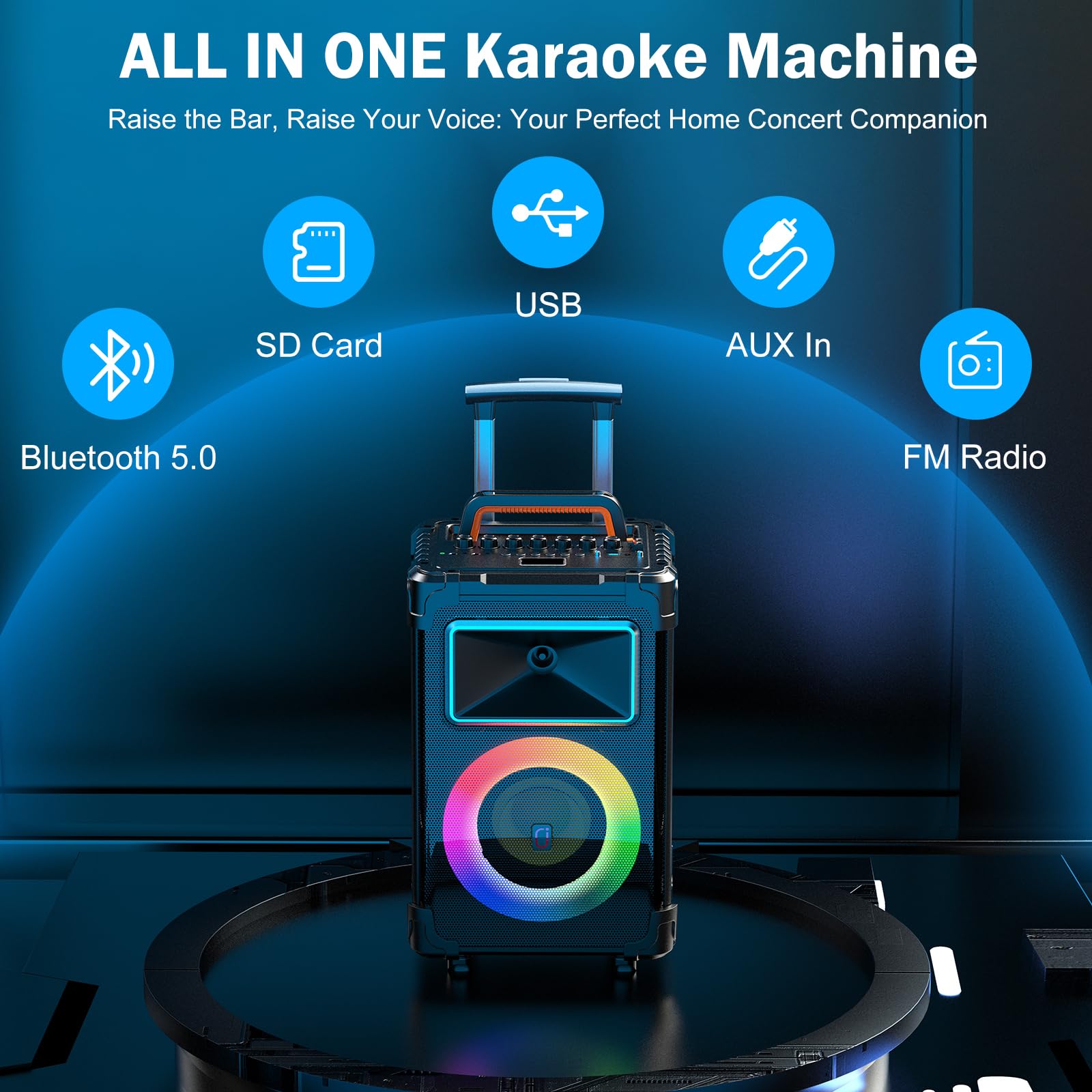 JYX Karaoke Machine, 10" Woofer Big Bluetooth Karaoke Speaker, Portable Party Speaker with 2 Wireless Mics, Party Lights & Bass/Treble/Echo Adjustment, Supports Vocal Cut, TWS/Bluetooth/REC/USB/TF/AUX