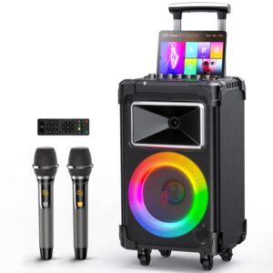 jyx karaoke machine, 10" woofer big bluetooth karaoke speaker, portable party speaker with 2 wireless mics, party lights & bass/treble/echo adjustment, supports vocal cut, tws/bluetooth/rec/usb/tf/aux