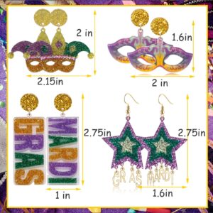 Mardi Gras Earrings for Women Acrylic Mardi Gras Dangle Earrings Letter MARDI GRAS Jester Hat Mask Star Earrings Fleur De Lis Earrings Carnival Fat Tuesday Earrings Holiday Gift (4Pairs)