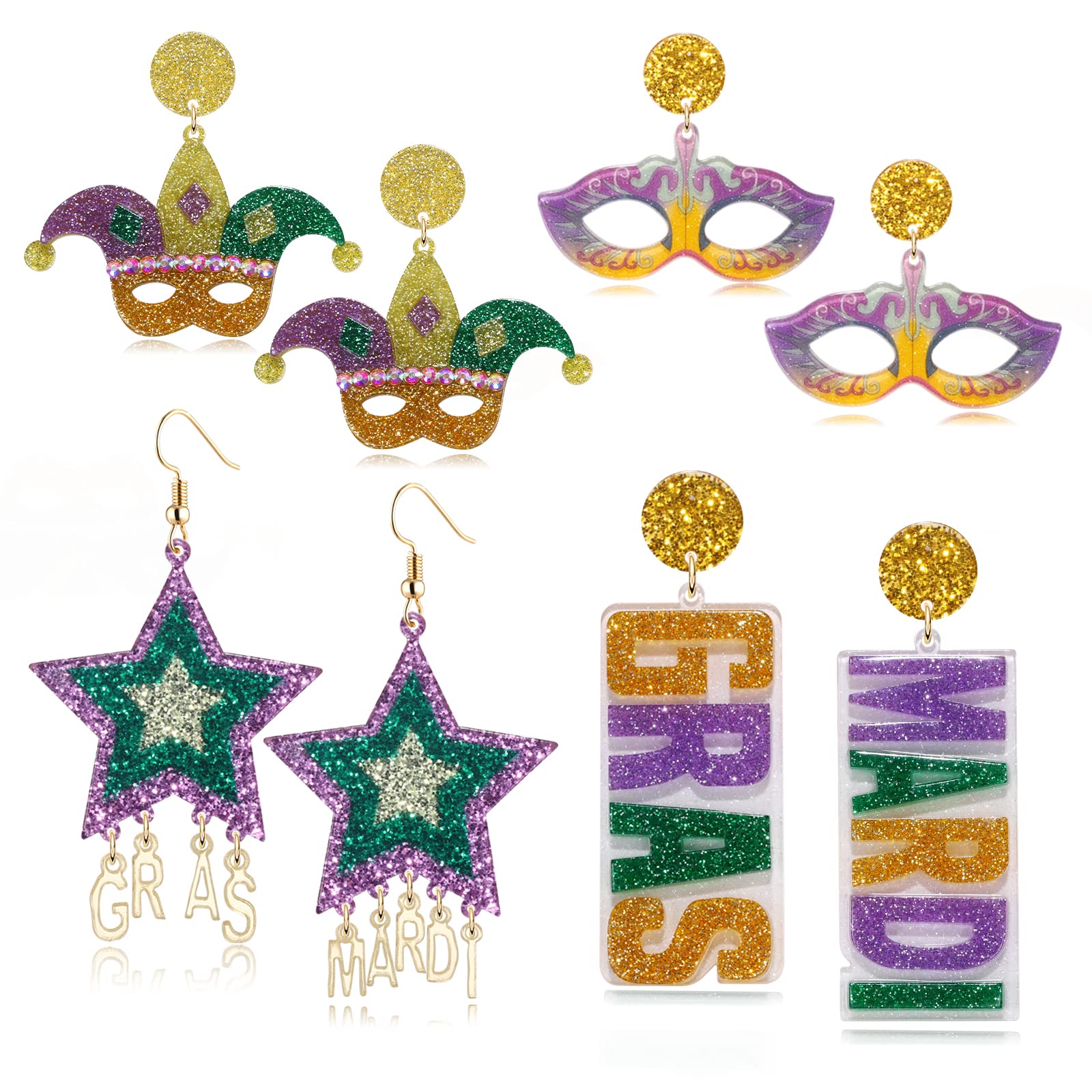 Mardi Gras Earrings for Women Acrylic Mardi Gras Dangle Earrings Letter MARDI GRAS Jester Hat Mask Star Earrings Fleur De Lis Earrings Carnival Fat Tuesday Earrings Holiday Gift (4Pairs)