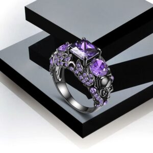 FLIUAOL Vintage Gothic Skull Rings Heart Cubic Zirconia Crystal Biker Cocktail Party Rings for Women Halloween Christmas Gifts (Square-Purple, 9)