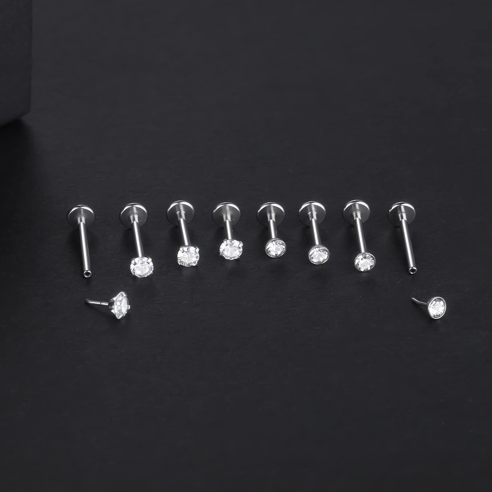 Oveta 8PCS Push Pin Lip Rings for Women 16G Threadless Labret Jewelry Monroe Ashley Medusa Piercing Jewelry, Top CZ 3mm