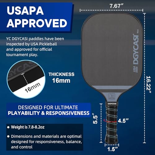 YC DGYCASI 16mm Pickleball Paddles Professional, 2024 USAPA Approved T700 Carbon Fiber Surface Pickle Paddle(CFS), Polypropylene Lightweight Honeycomb Core, Cushion Comfort Grip, with Cover Case Black