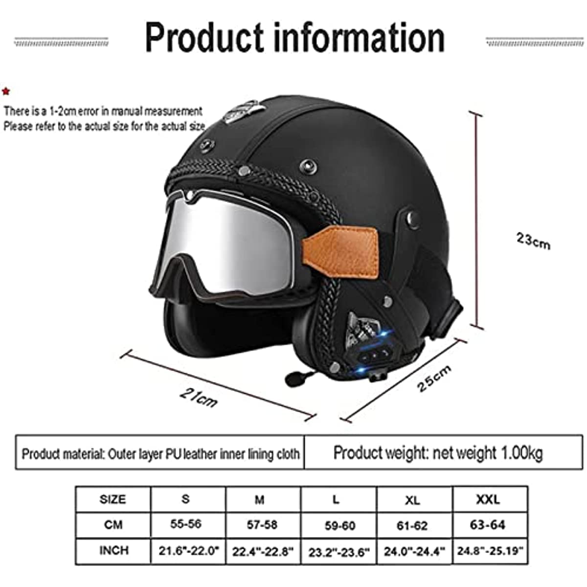 YMKJGZS Bluetooth Vintage Style Leather Helmet, 3/4 Open Face Retro Motorcycle Half Helmet with Goggles, DOT/ECE Certified Men Women Summer Scooter Light Moped Street Bike Helmet (6,2XL)