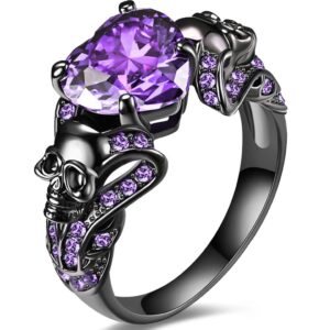 fliuaol vintage gothic skull rings heart cubic zirconia crystal biker cocktail party rings for women halloween christmas gifts (purple, 9)