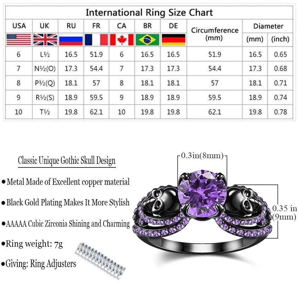 FLIUAOL Vintage Gothic Skull Rings Heart Cubic Zirconia Crystal Biker Cocktail Party Rings for Women Halloween Christmas Gifts (Round-Purple, 6)