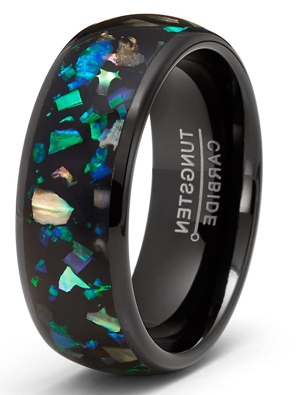 Metal Masters Crushed Opal & Abalone Tungsten Carbide Ring Dome Wedding Band Simulated Black 8MM