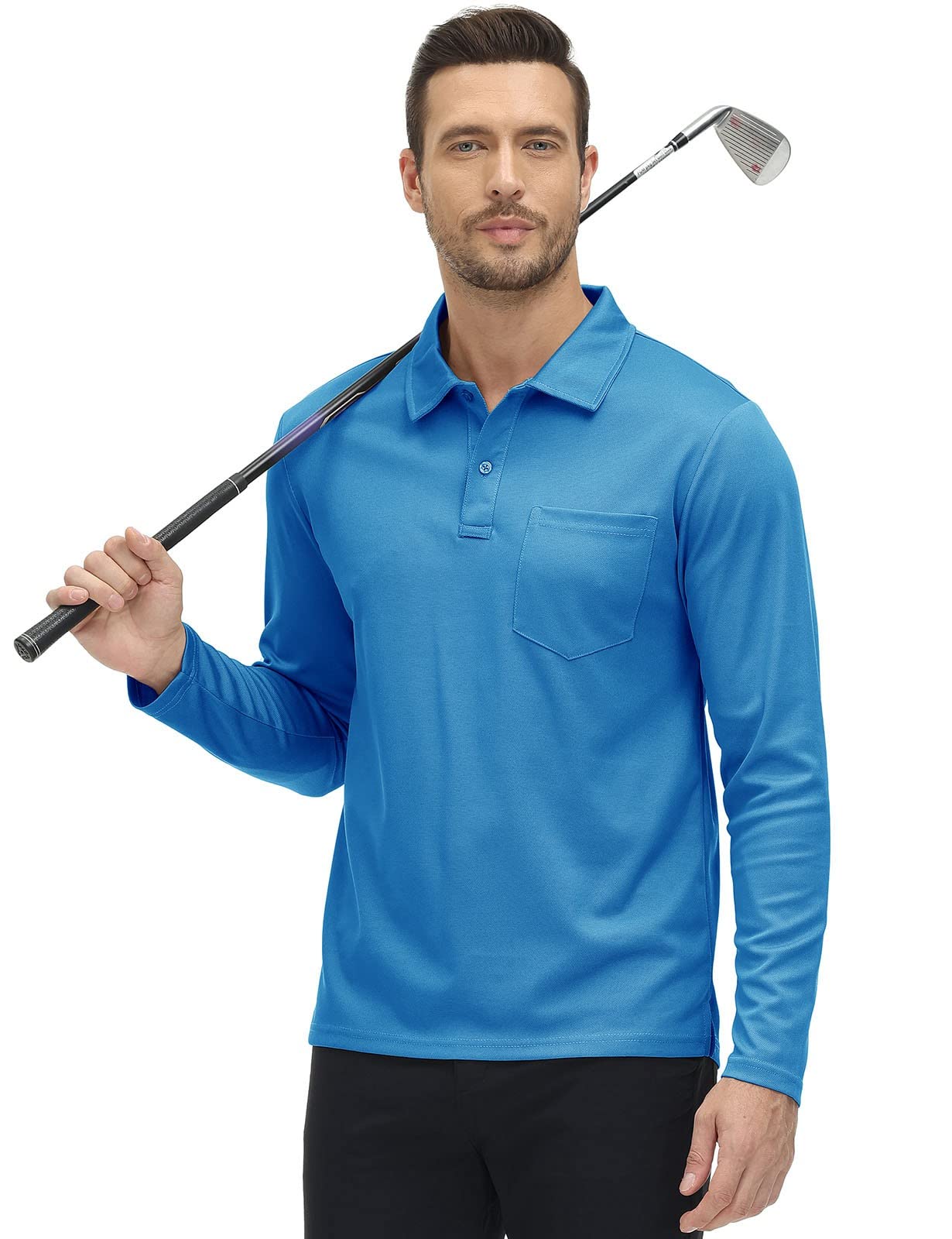 Rdruko Men's Outdoor Sport Performance Polo Long Sleeve Pullover with Pocket(Blue, US XXL)