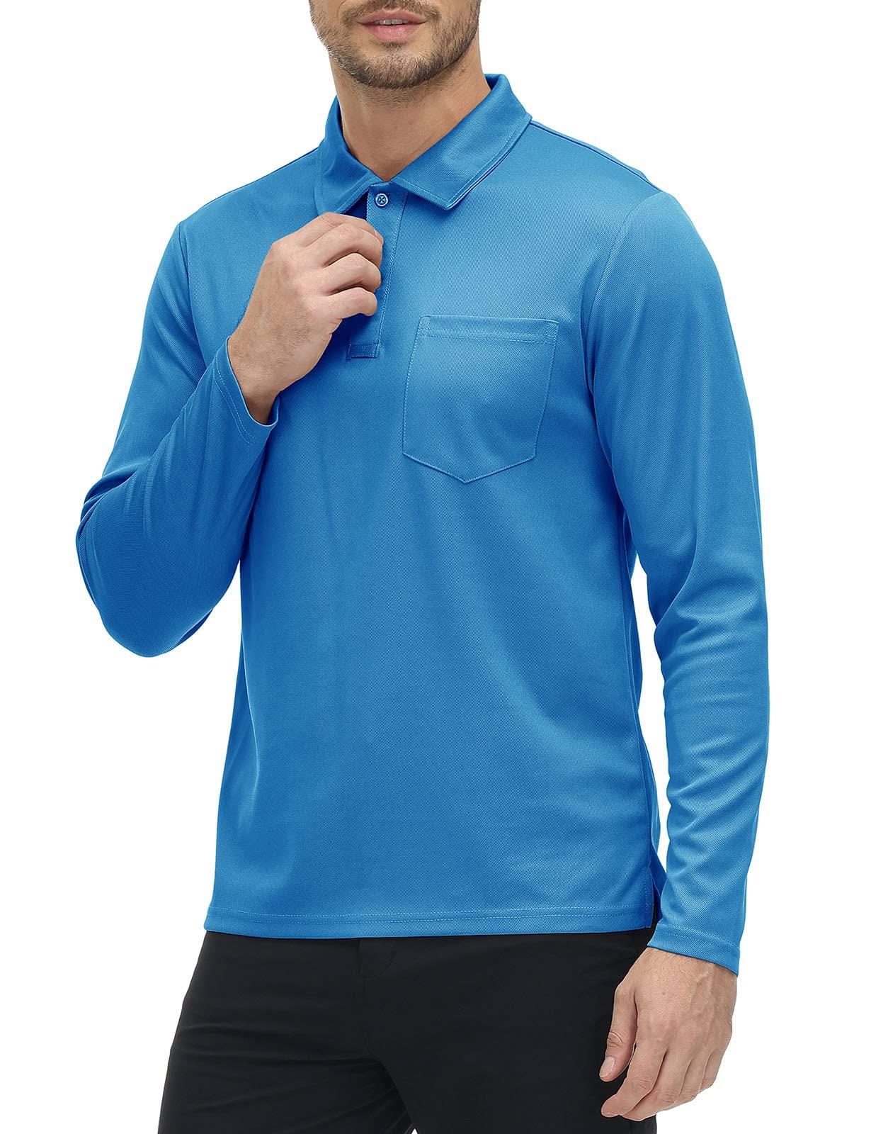 Rdruko Men's Outdoor Sport Performance Polo Long Sleeve Pullover with Pocket(Blue, US XXL)