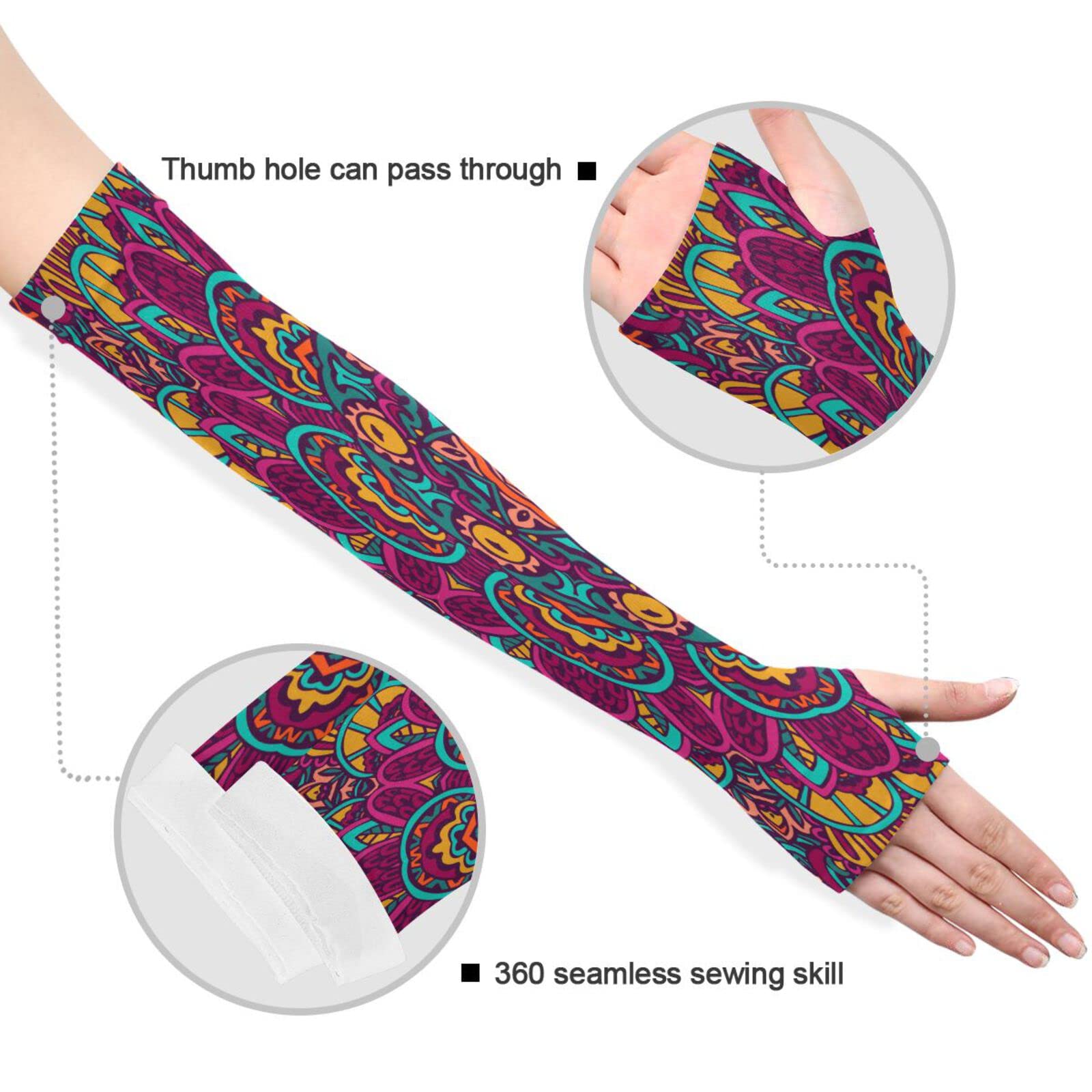 Dussdil Bohemian Gardening Arm Sleeves Mexican Ethnic Tribal Farm UV Sun Protection Cooling Arm Sleeves for Garden Farm Women Men with Thumb Hole