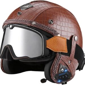 YMKJGZS Bluetooth Vintage Style Leather Helmet, 3/4 Open Face Retro Motorcycle Half Helmet with Goggles, DOT/ECE Certified Men Women Summer Scooter Light Moped Street Bike Helmet (6,2XL)