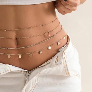 Fashion Crystal Belly Waist Chain - Bikini Layered Belly Chain for Women - Gold Rhinestone Diamond Body Waist Chain Jewelry (waist chain set gold)