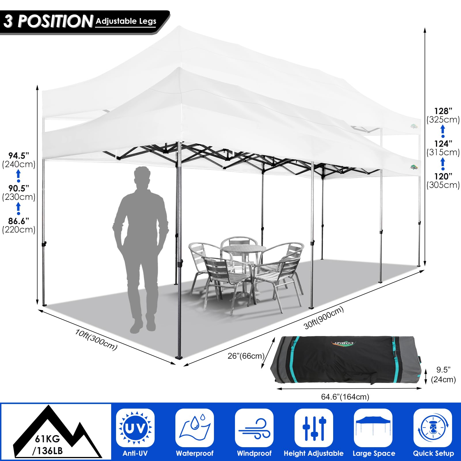 COBIZI 10x30 Heavy Duty Pop up Canopy with 8 sidewalls Stable Wedding Outdoor Tents for Parties Canopy Pop Up Party Tent UPF 50+ Waterproof Commercial Gazebo with Roller Bag, White(Windproof Upgraded)