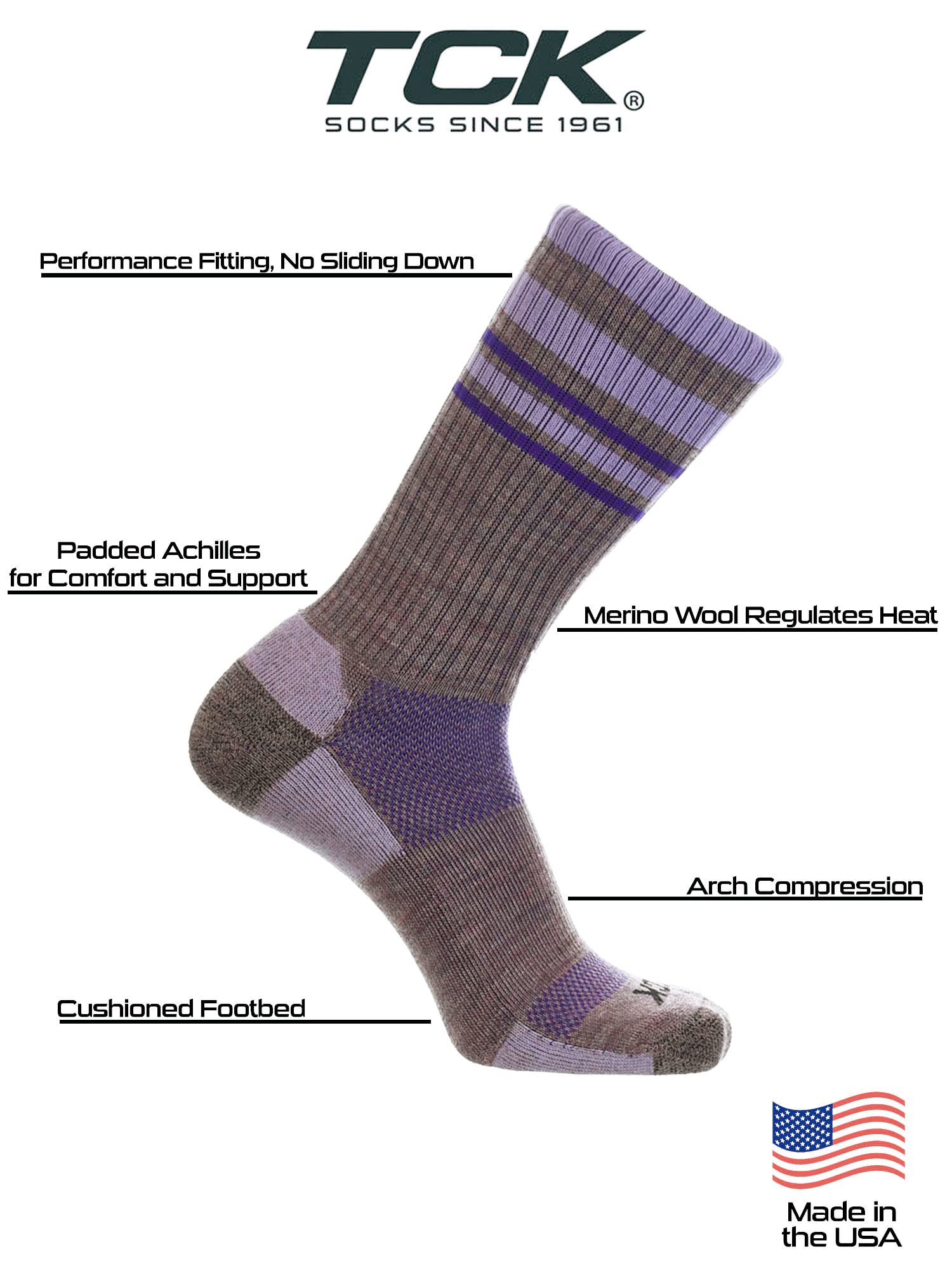 TCK Merino Wool Striped Crew Socks (Plum/Lavender, Large)